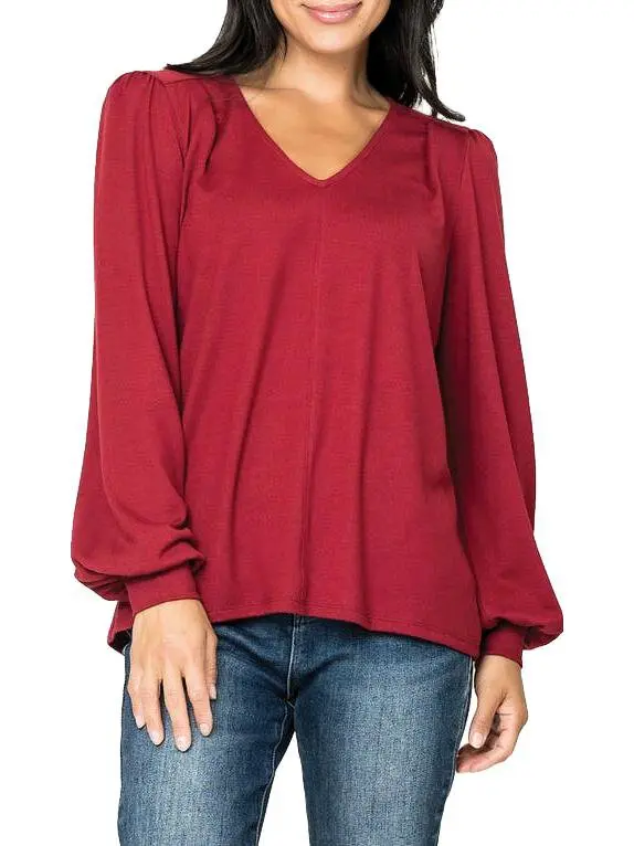 GIBSONLOOK V-neck Blouson Sleeve Sweater - Deep Garnet Red