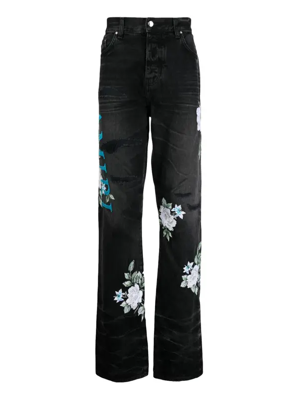 Amiri Floral-print Straight-leg Jeans - Black