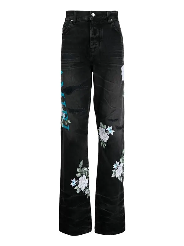 Amiri Floral-print Straight-leg Jeans - Black