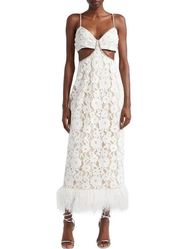 Likely Sarah Cutout Lace Feather Trim Maxi Dress - White