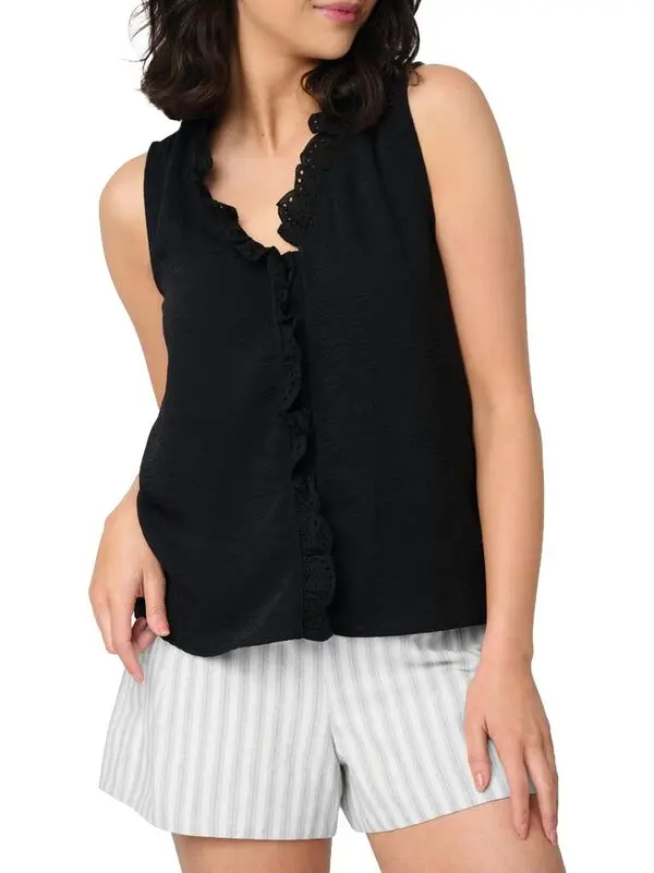 GIBSONLOOK Embroidered Eyelet Trim Button-up Top - Black