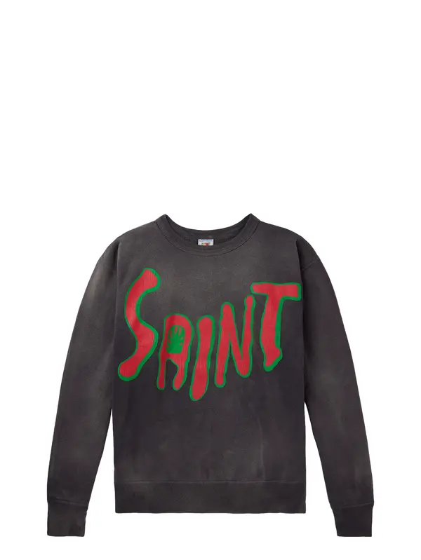 SAINT MXXXXXX Distressed Logo-print Cotton-jersey Sweatshirt - Gray