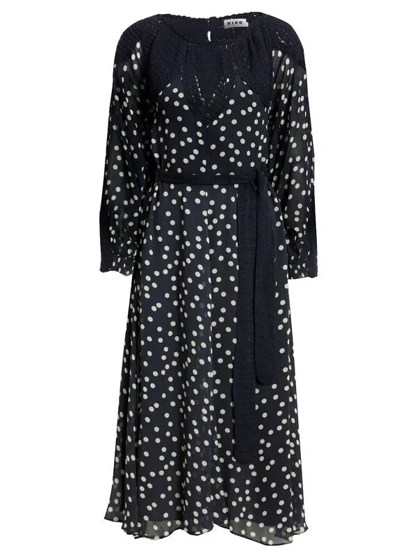 Rixo Irene Crochet-paneled Polka-dot Dress - Midnight Blue