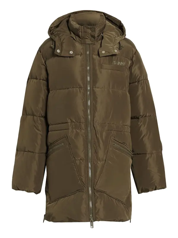 GANNI Quilted Shell Hooded Coat - Army Green