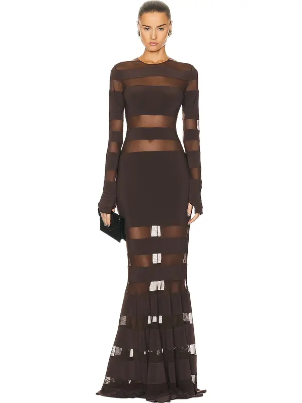 Norma Kamali Spliced Fishtail Gown - Chocolate & Chocolate Mesh