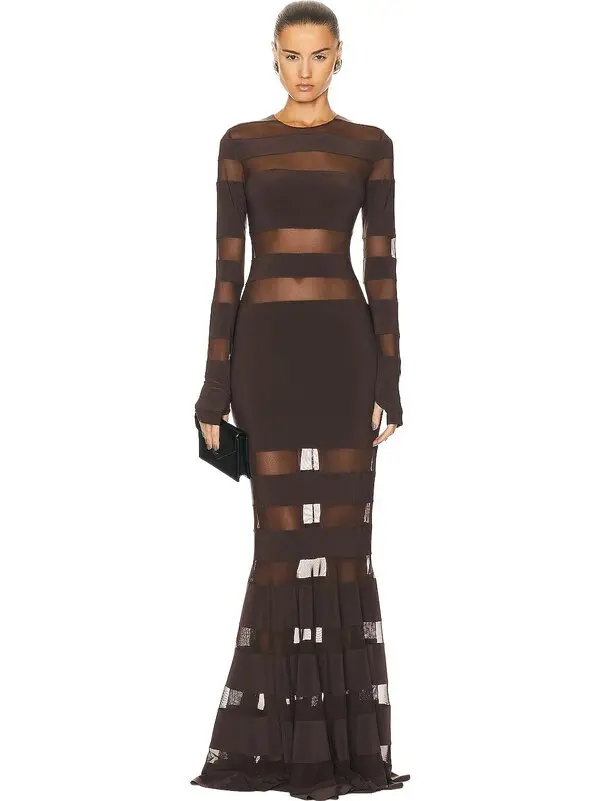 Norma Kamali Spliced Fishtail Gown - Chocolate & Chocolate Mesh
