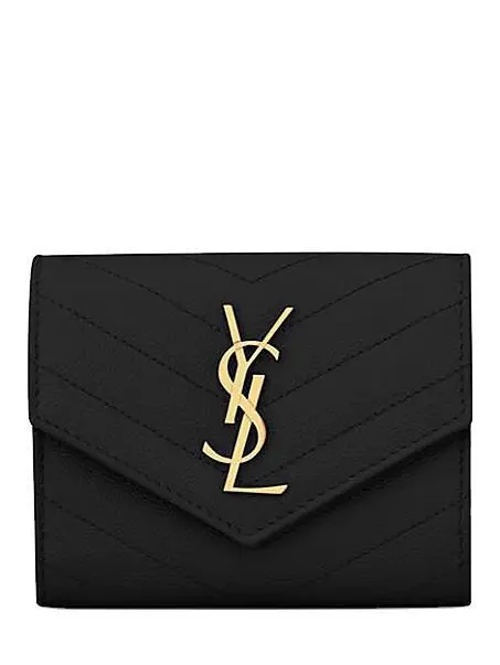 Saint Laurent Cassandre Matelassé Compact Tri-fold Wallet - Black Grain Leather/gold