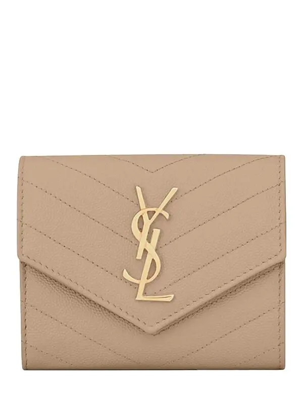 Saint Laurent Cassandre Matelasse Compact Tri-fold Wallet - Dark Beige Grain Leather/gold