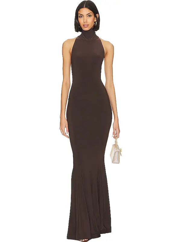 Norma Kamali Halter Turtle Fishtail Gown - Chocolate