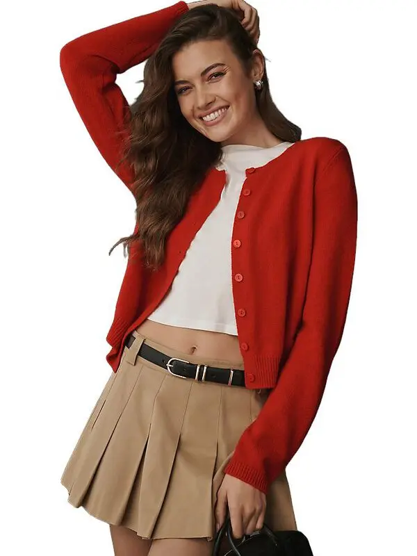 REFORMATION Clara Cashmere Crew Cardigan Sweater - Cherry