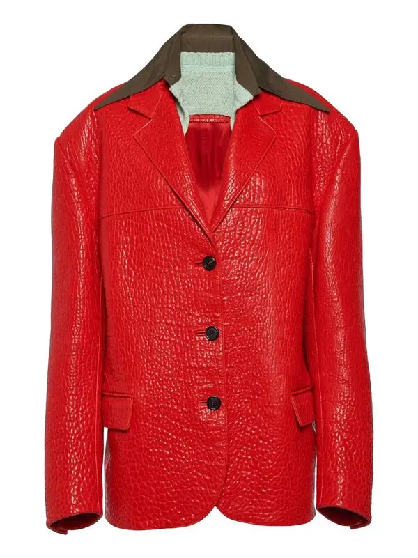 Prada Layered-collar Embossed Leather Blazer - Red