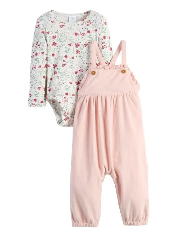 Nordstrom Long Sleeve Cotton Bodysuit & Corduroy Overalls Set - Ivory Wildflowers - Pink Lotus