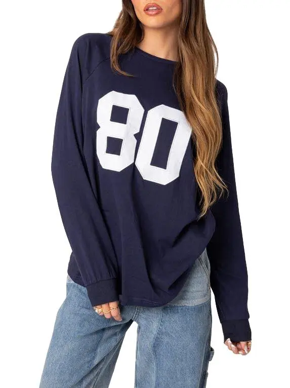 EDIKTED 80 Oversize Long Sleeve Cotton Graphic T-shirt - Navy