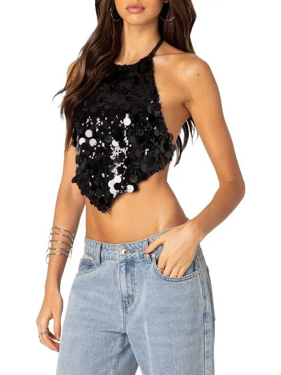EDIKTED Caelia Sequin Halter Crop Top - Black