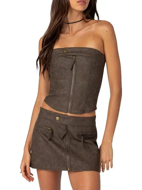EDIKTED Ziva Faux Leather Strapless Corset Top - Brown