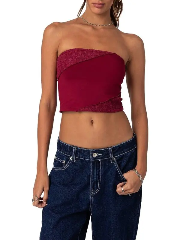EDIKTED Lace Patchwork Crop Tube Top - Burgundy