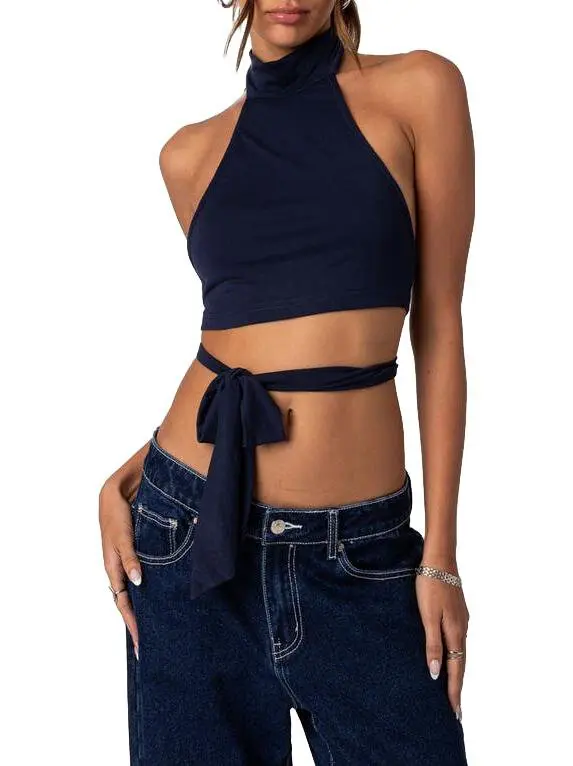 EDIKTED Hamlin Wrap Tie Halter Top - Navy