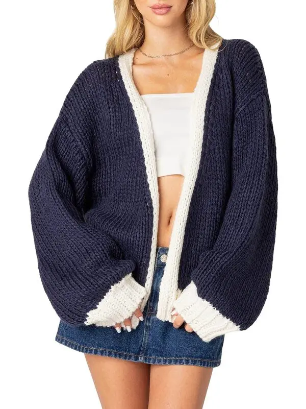 EDIKTED Colorblock Chunky Knit Cardigan - Navy