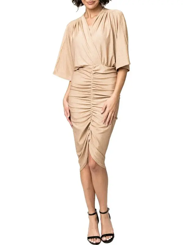 GIBSONLOOK Ruched Metallic Knit Midi Dress - Champagne