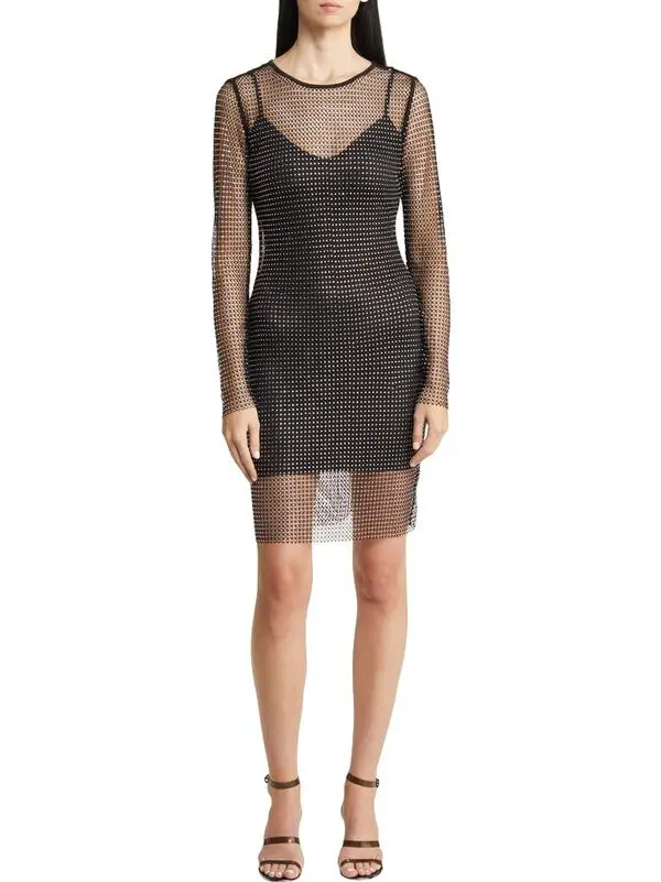 Bebe Rhinestone Mesh Long Sleeve Mini Dress - Black