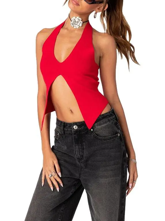 EDIKTED Sculpt Split Front Halter Top - Red