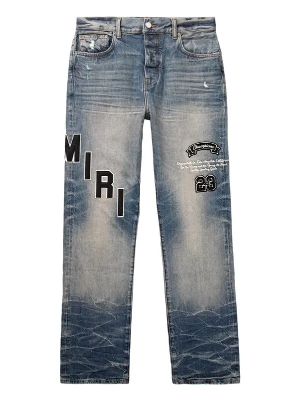 Amiri Straight-leg Embroidered Distressed Jeans - Blue