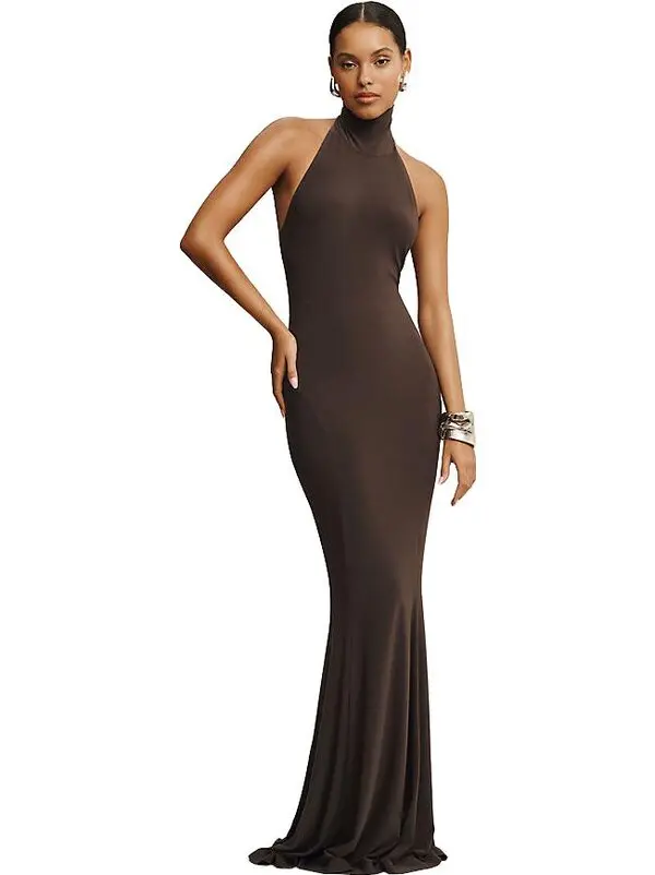 Norma Kamali Halter Turtleneck Fishtail Gown - Chocolate