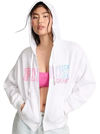 Pink Campus Fleece Full-zip Hoodie - White,ivory
