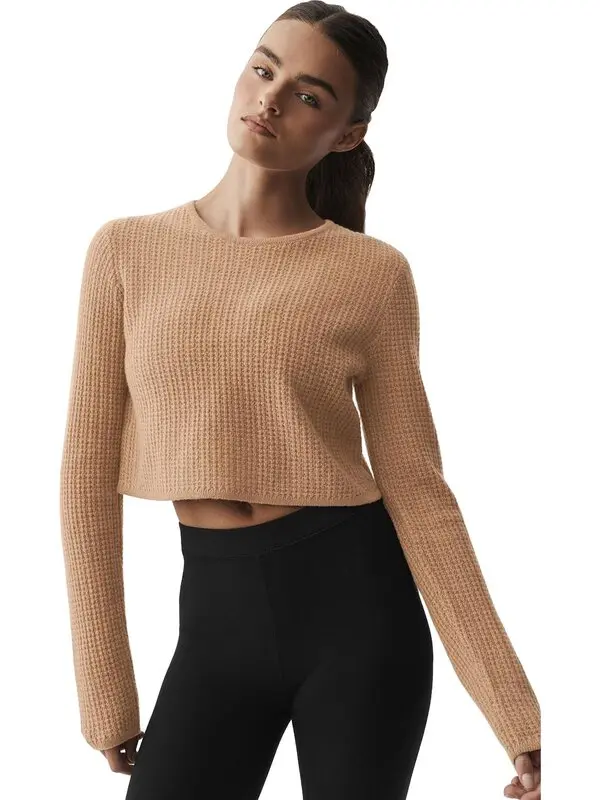 Alo Yoga Cashmere Plush Waffle Cropped Top - Toasted Almond