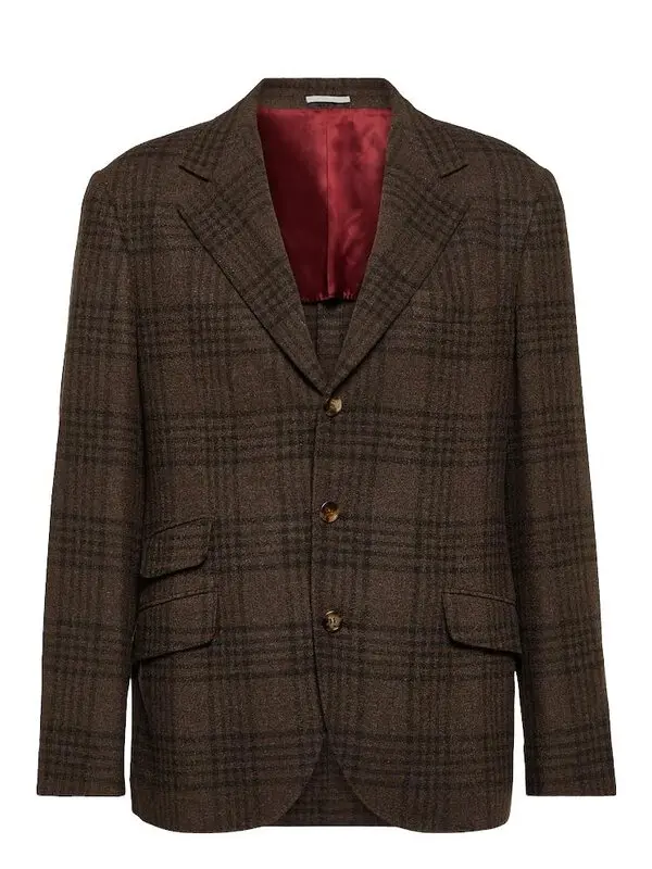 Brunello Cucinelli Tartan Wool, Silk, And Cashmere Blazer - Brown