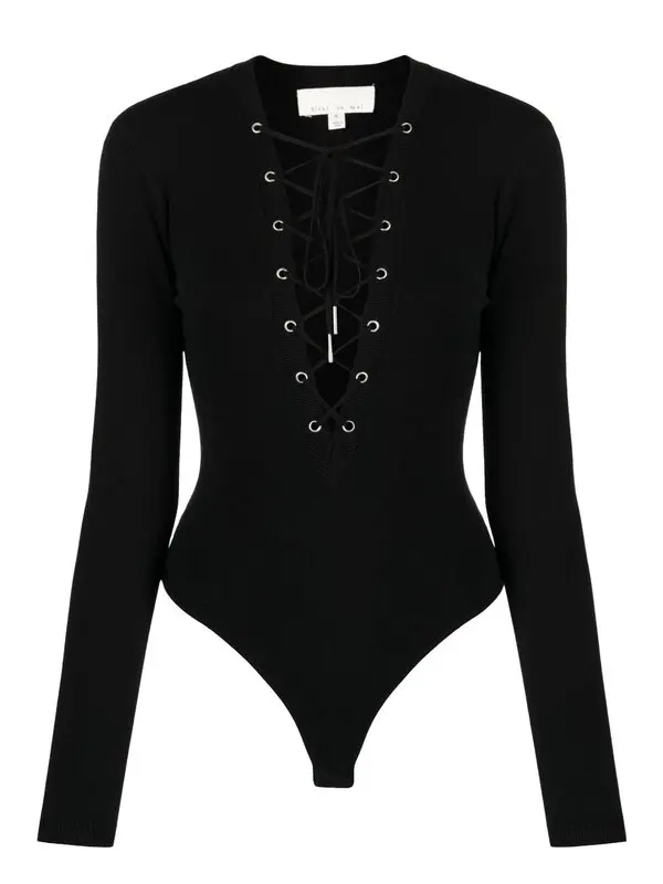 Fleur Du Mal Plunge Lace-up Bodysuit - Black