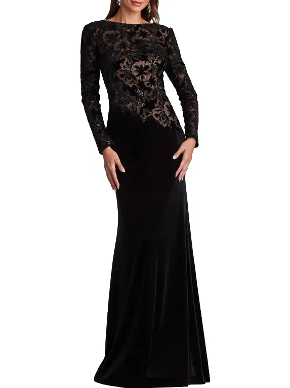 Tadashi Shoji Embroidered Sequin Long Sleeve Gown - Black/ Nude