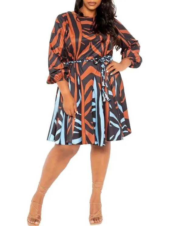 BUXOM COUTURE Bishop Sleeve Belted Fit & Flare Dress - Brown Multi