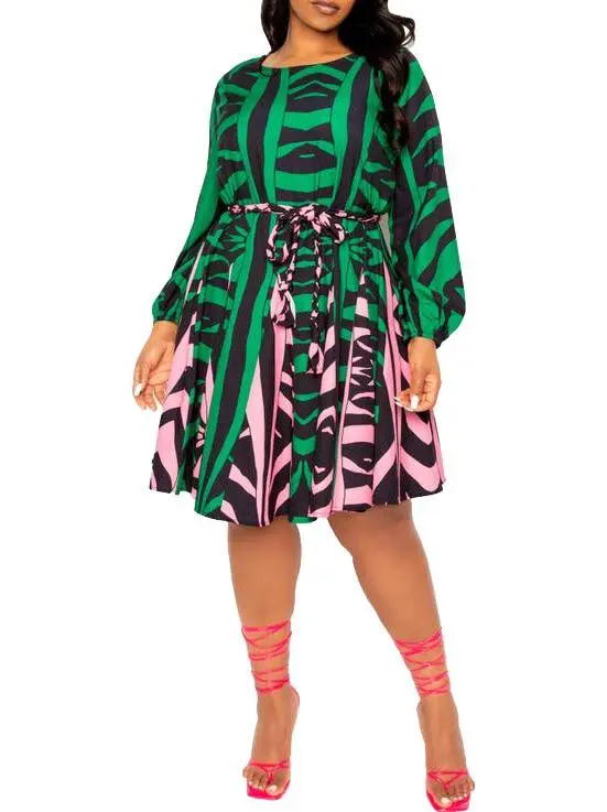 BUXOM COUTURE Bishop Sleeve Belted Fit & Flare Dress - Green Print