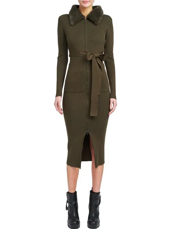EN SAISON Long Sleeve Belted Midi Dress With Faux Fur Collar - Olive