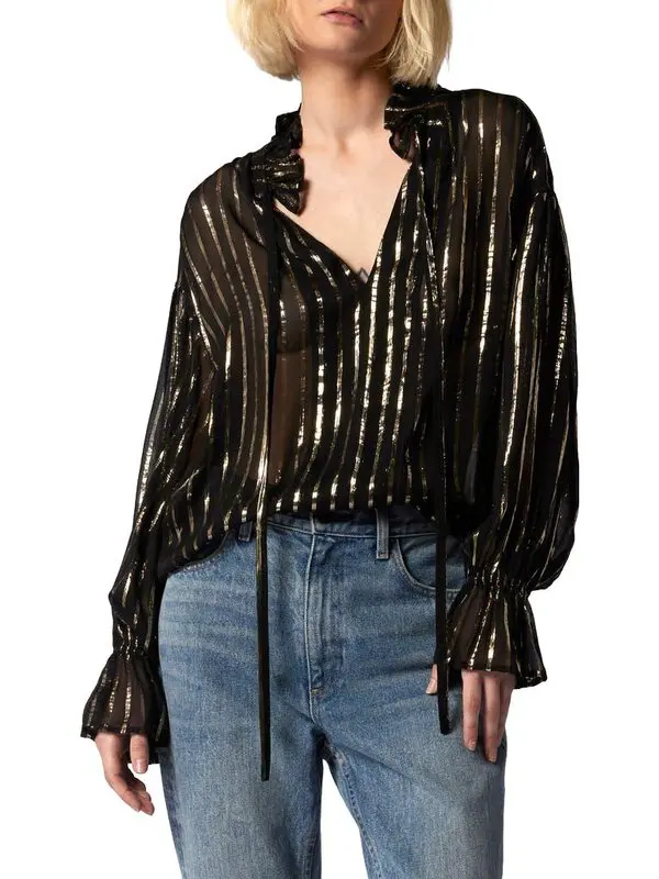 Equipment Farah Stripe Metallic Blouse - True Black And Gold Metallic