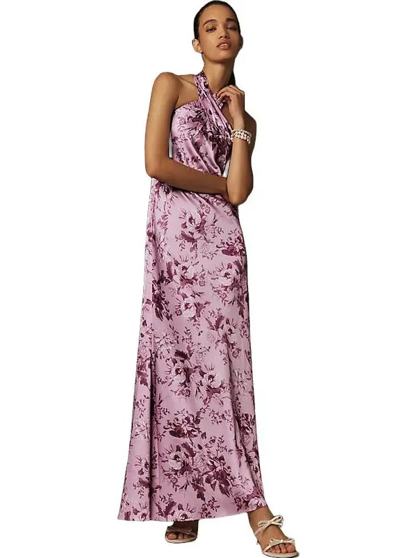 Bhldn Ruby Twist Halter Satin Gown - Lilac Pink Peony Bouquet