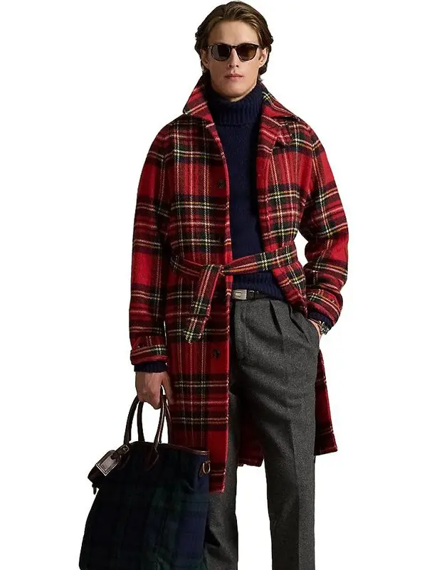 Ralph Lauren Plaid Wool Tweed Balmacaan Coat - Bright Red Multi