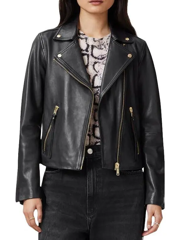 ALLSAINTS Dalby Leather Biker Jacket - Black/ Gold