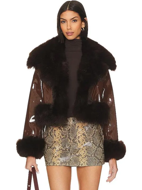 Adrienne Landau Faux Leather And Fur Jacket - Chocolate Brown