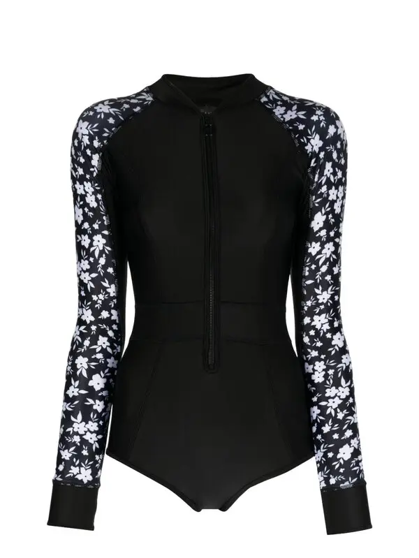 DUSKII Floral Print Zip-up Surf Suit - Black