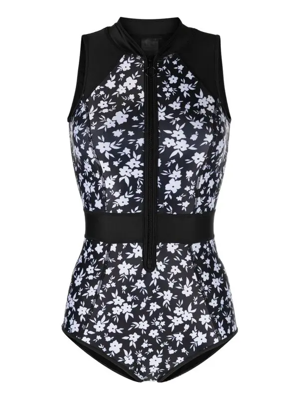 DUSKII Floral-print Zip-up Surf Suit - Black