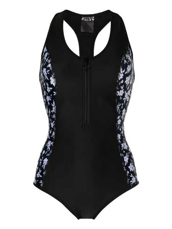 DUSKII Floral-print Zip-up Swimsuit - Black