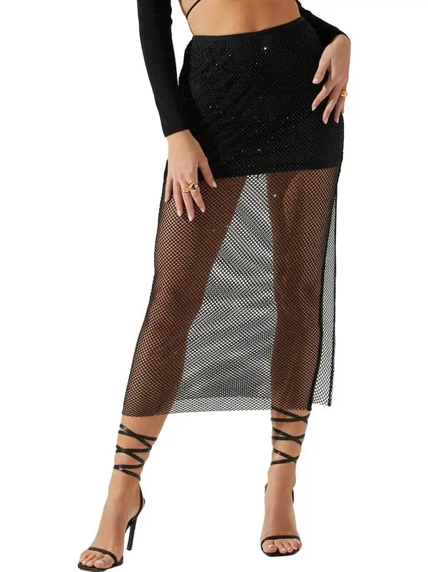 Astr The Label Mimi Sparkly Mesh Midi Skirt - Black