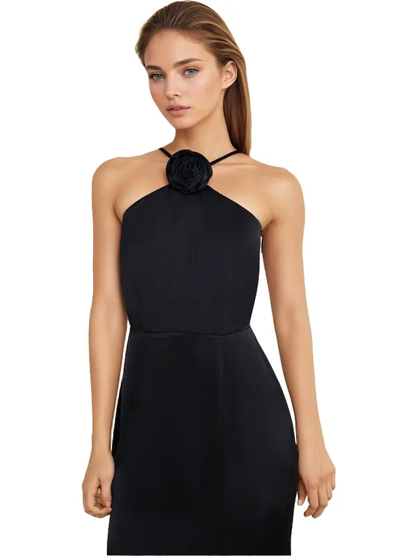 Yumi Kim Satin Midi Dress With Rose Detail - Black