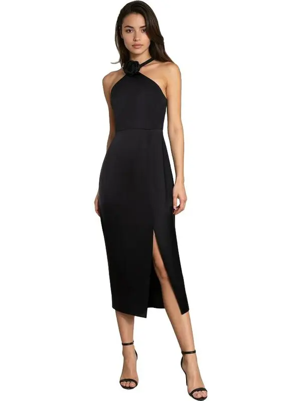 Yumi Kim Satin Midi Dress With Rose Detail - Black