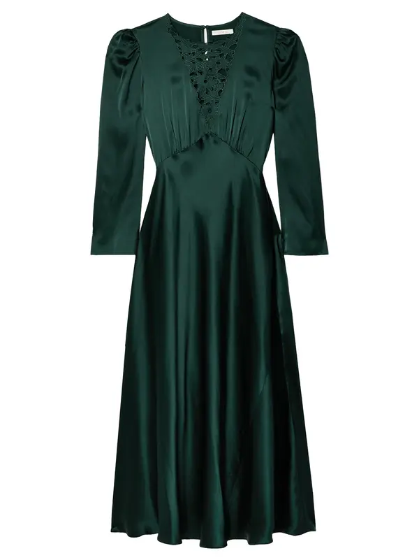 DÔEN Melinda Embroidered Silk-satin Midi Dress - Green
