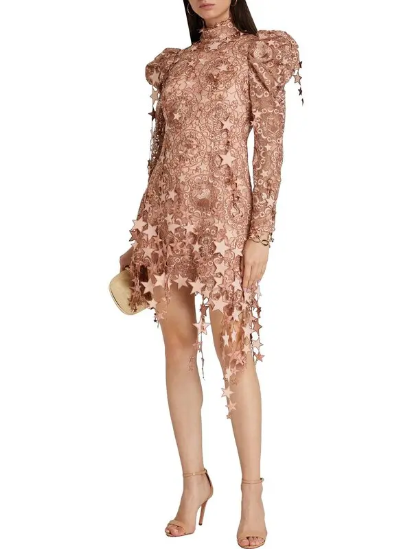 Zimmermann Asymmetric Metallic Embroidered Tulle Dress - Antique Rose