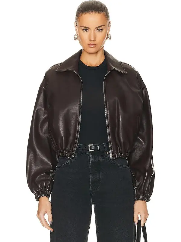 Nour Hammour Luna Cropped Leather Bomber Jacket - Dark Chocolate