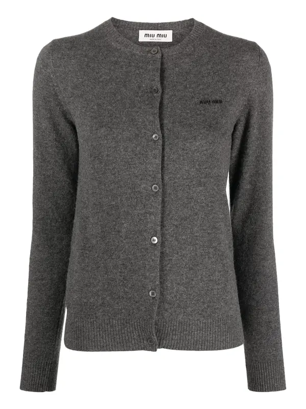 Miu Miu Logo-intarsia Fine-knit Cardigan - Grey